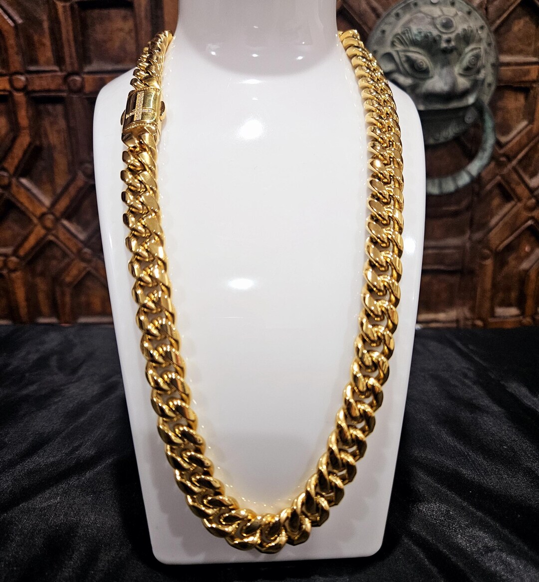 18k Yellow Gold Filled Cuban Chain With Lab Simulated Diamond Clasp,18k ...
