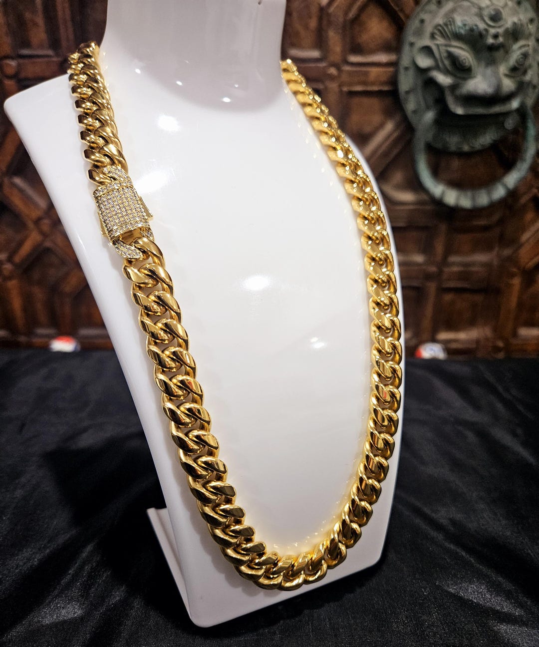 18k Yellow Gold Filled Cuban Chain With Lab Simulated Diamond Clasp,18k ...