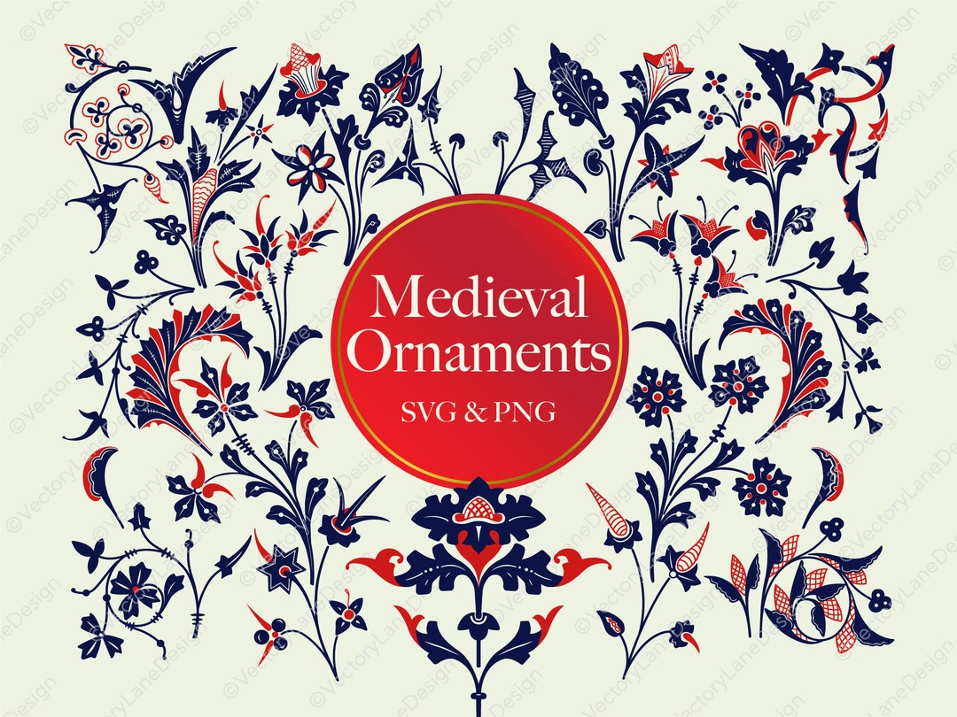 Medieval Ornaments Bundle SVG, Medieval Flowers & Leaves, Illuminated ...
