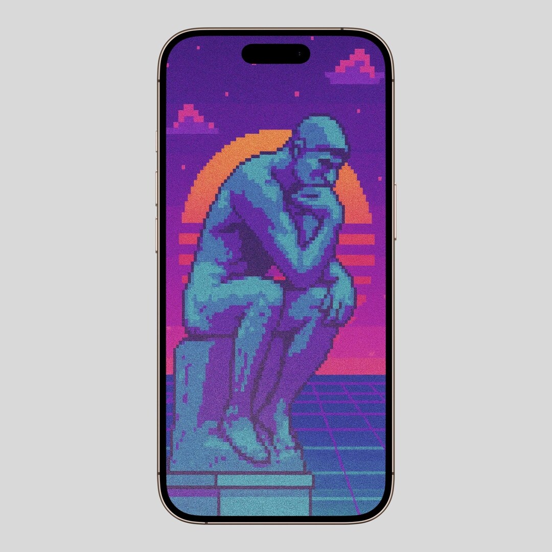 The Thinker Vaporwave iPhone Wallpaper – Pixel Art Rodin Statue Retro ...