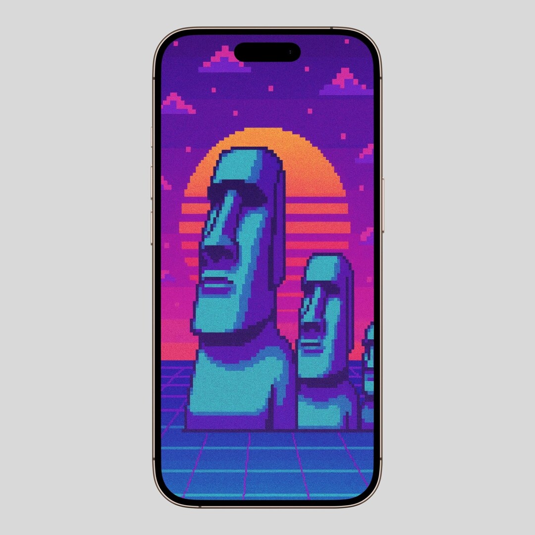 Moai Statue Vaporwave iPhone Wallpaper – Retro Pixel Art Easter Island ...