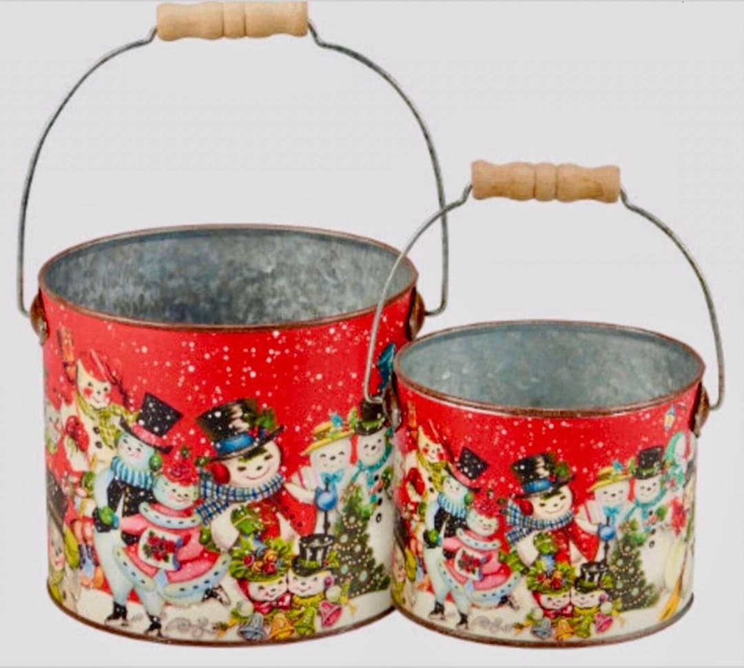 Christmas Snowman Bucket Vintage Style Set of 2 Metal Pail Favor Cookie ...