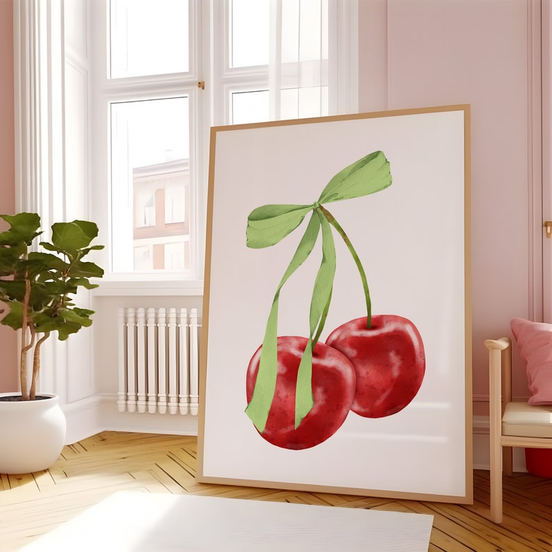 Green Bow Cherry Wall Printable Art Coquette Room Decor Balletcore Wall ...