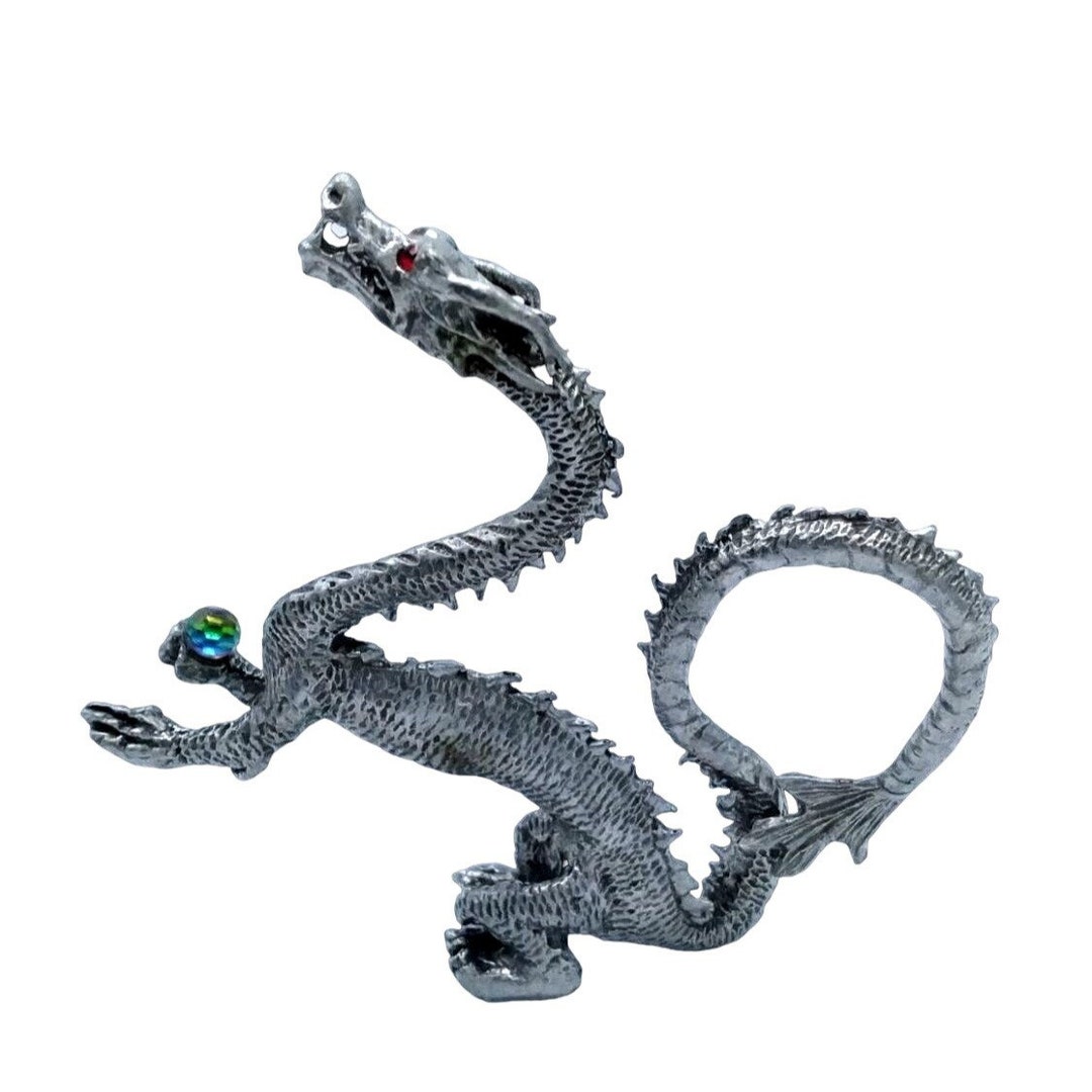 Vintage Pewter Miniature Dragon Holding Crystal Sphere ~ 2. 75" H X 3 ...