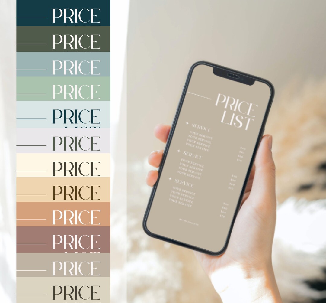 12 Colours Modern Aesthetic Price List, Minimalist Digital Price List ...