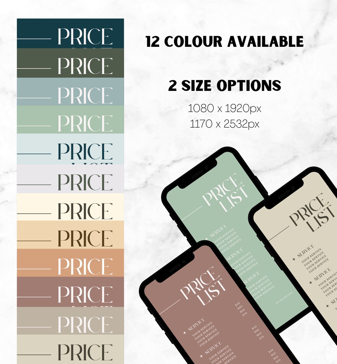 12 Colours Modern Aesthetic Price List, Minimalist Digital Price List ...