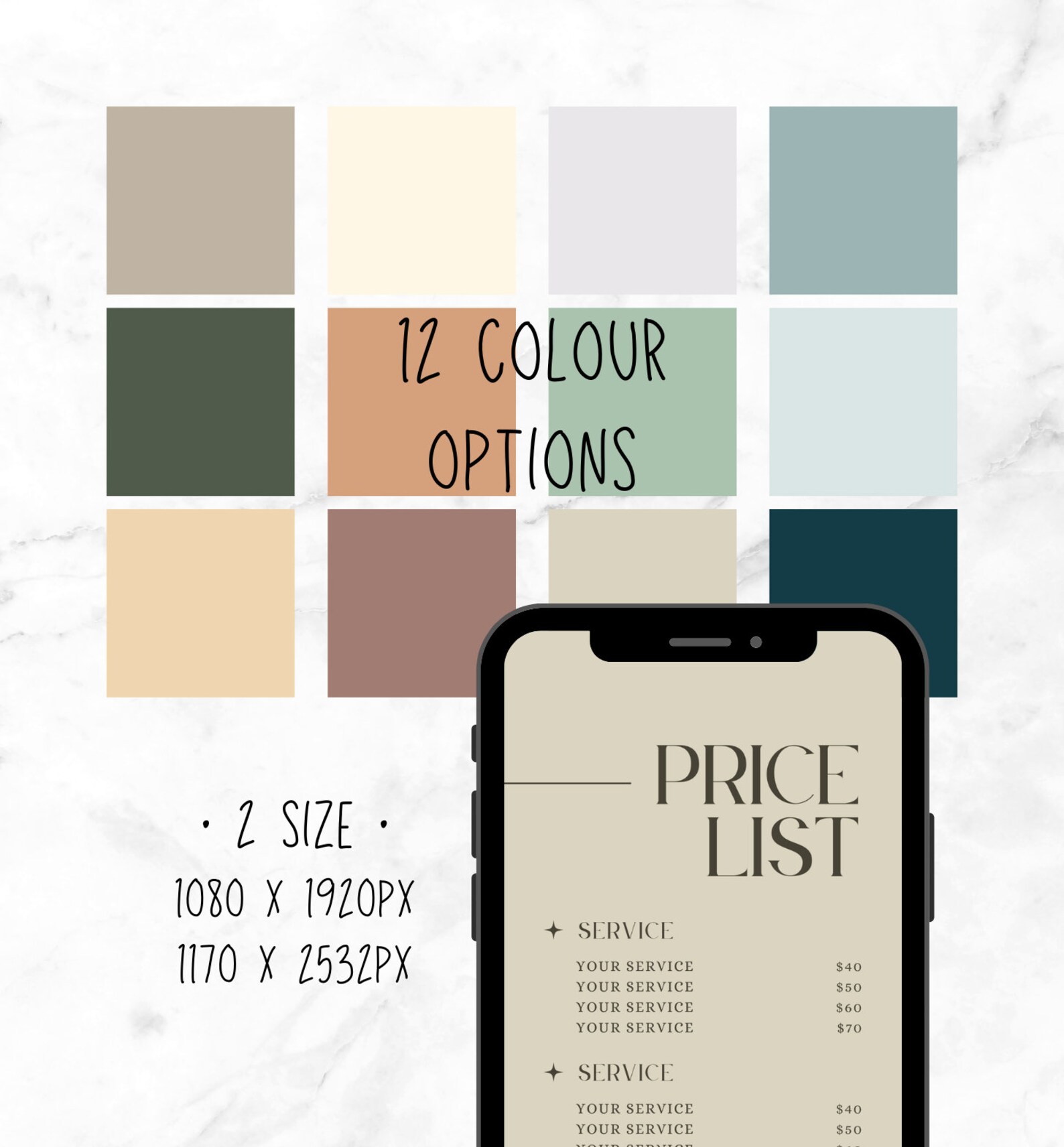 12 Colours Modern Aesthetic Price List, Minimalist Digital Price List ...