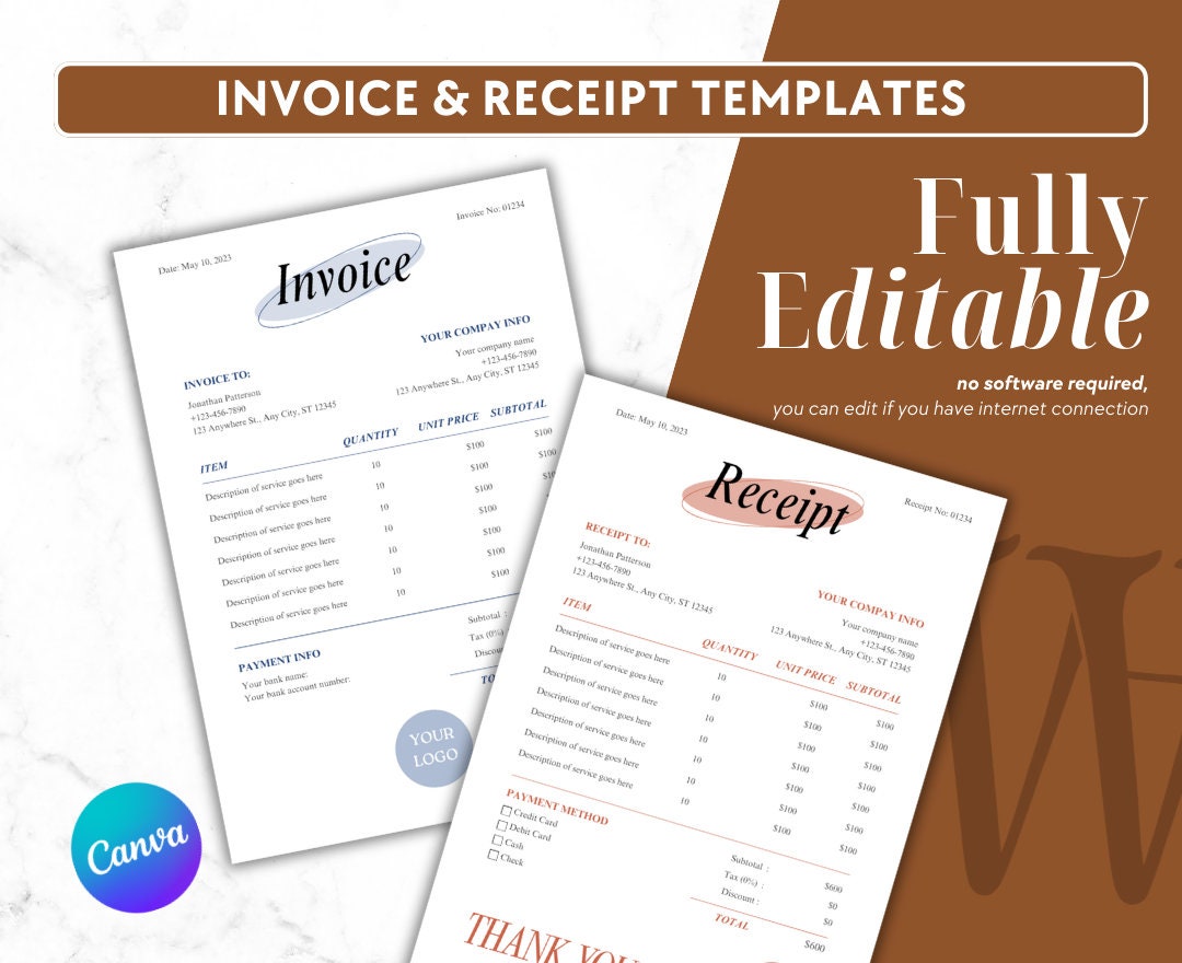 Editable Invoice & Receipt Template Invoice Template for - Etsy