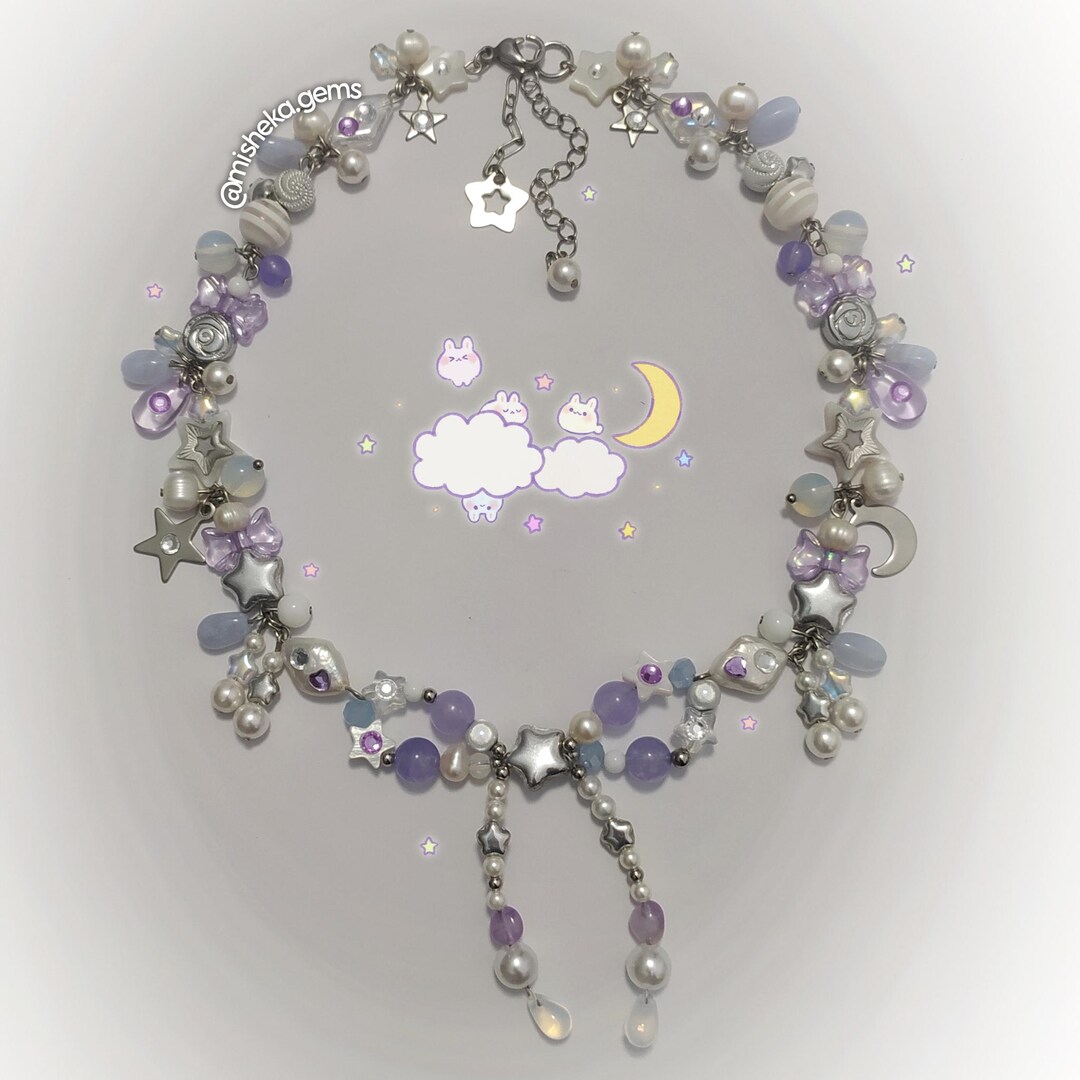 AURORA / Handmade Beaded Kawaii Fairycore Cute Bow Necklace Angelcore ...