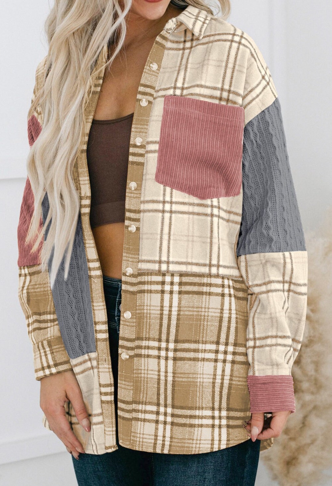 Pink Plaid Color Block Patchwork Shirt Jacket With Pocket-corduroy Jacket - Etsy