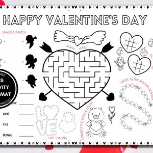 Valentine's Day Activity Placemat for Kids, Valentine's Day Activity ...