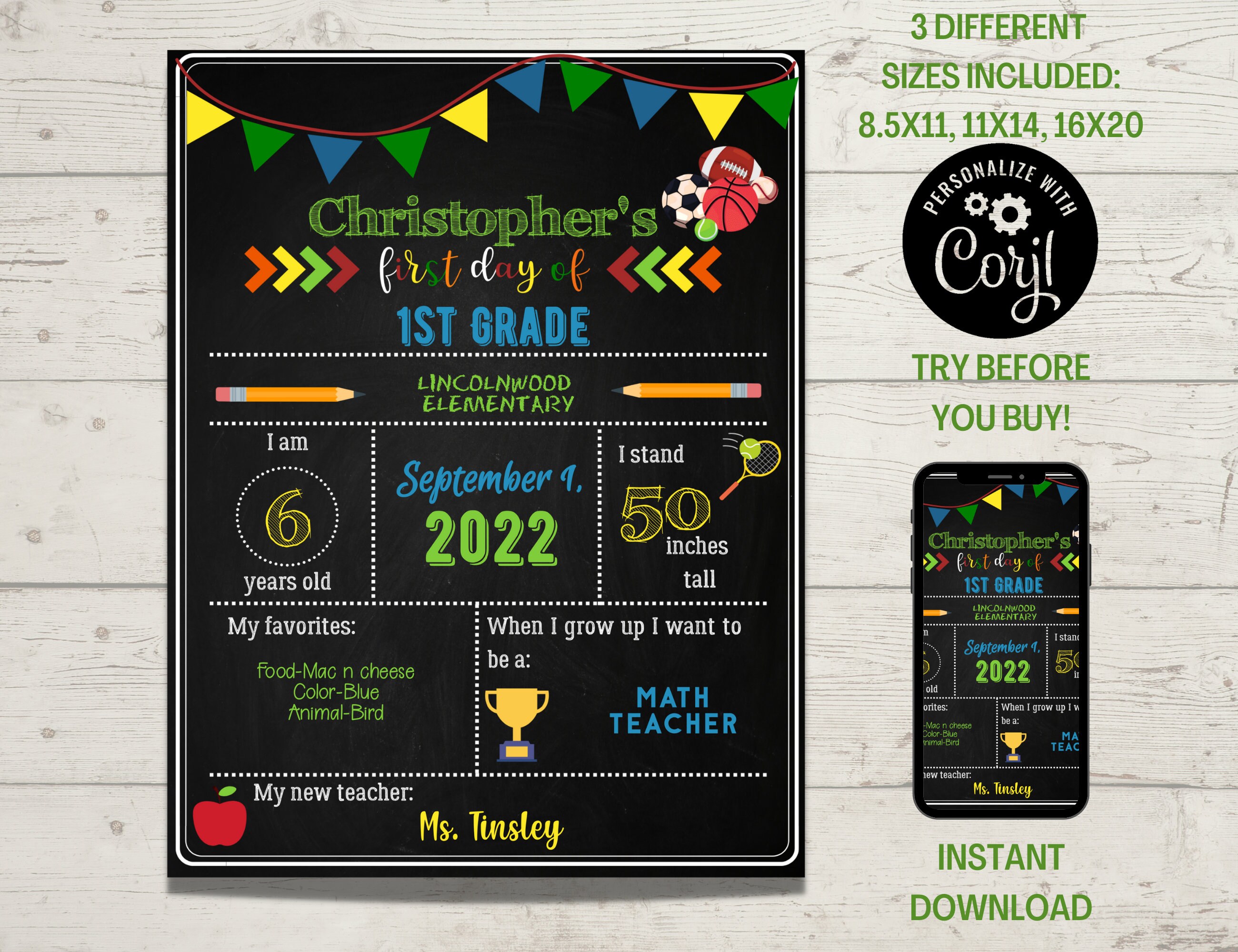 Sports Themed First Day of School Sign, Back to School Sign, Chalkboard ...