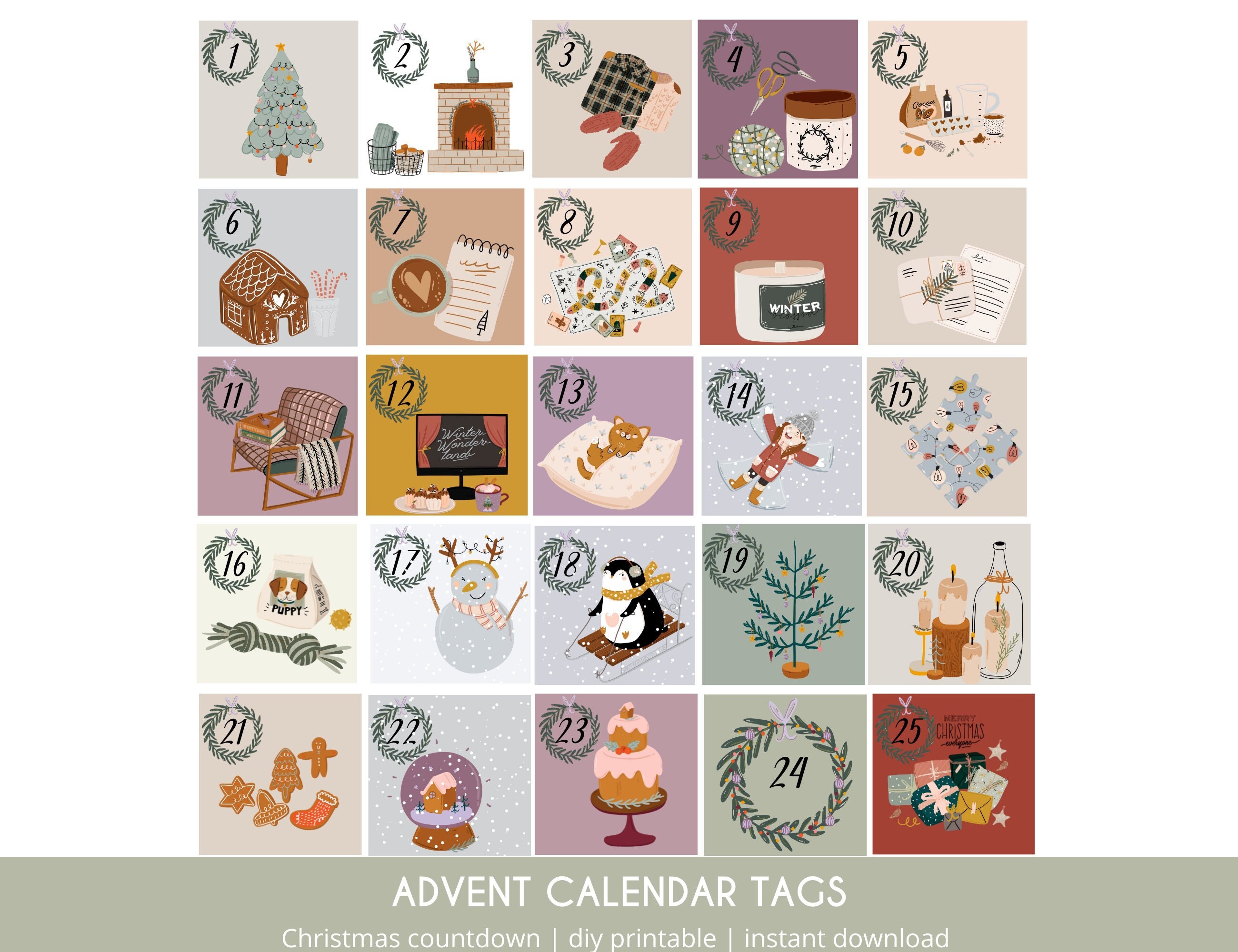 Holiday Advent Calendar and Tags, Christmas Countdown, Family and Kid ...