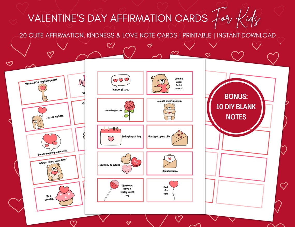 Valentine's Day Affirmation Cards for Kids, Valentines Day Cards for ...