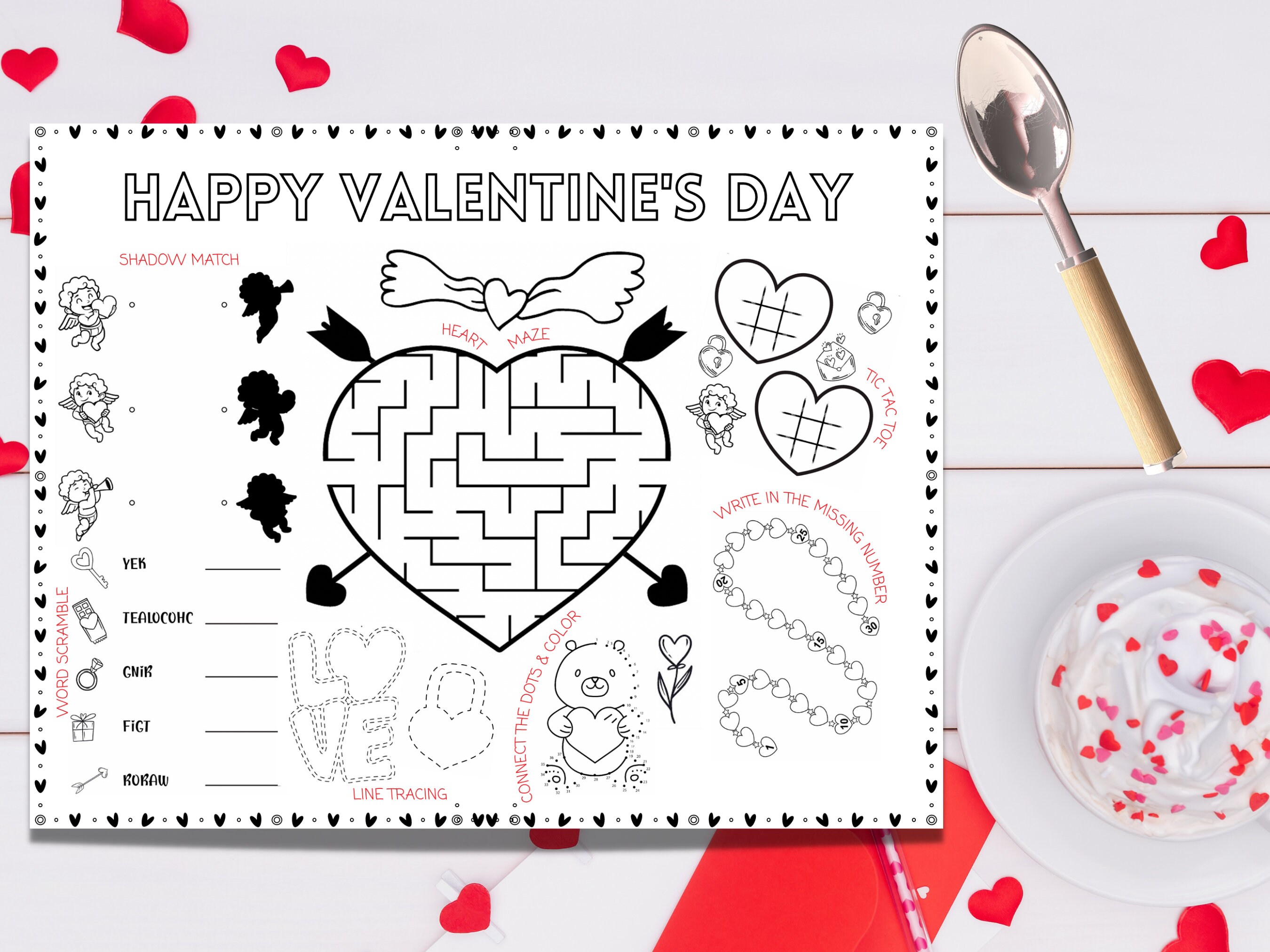 Valentine's Day Activity Placemat for Kids, Valentine's Day Activity ...
