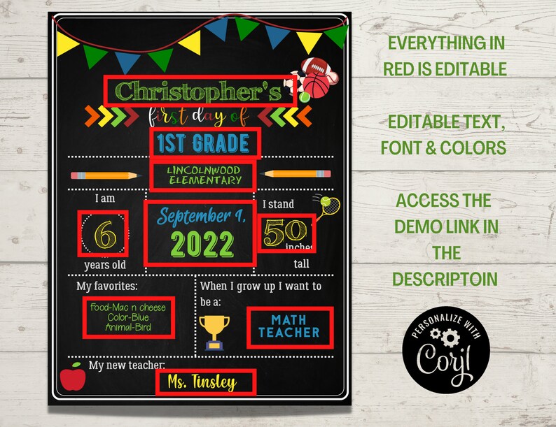 Sports Themed First Day of School Sign, Back to School Sign, Chalkboard ...