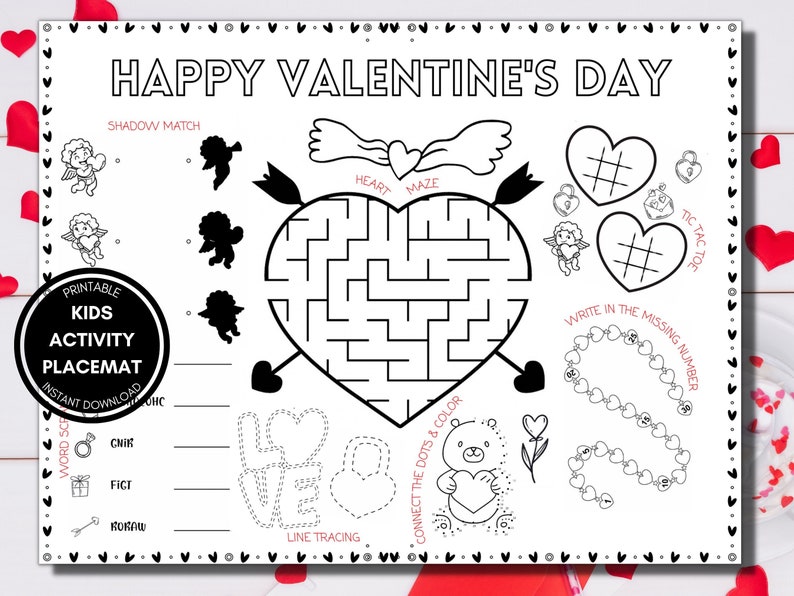 Valentine's Day Activity Placemat for Kids, Valentine's Day Activity ...