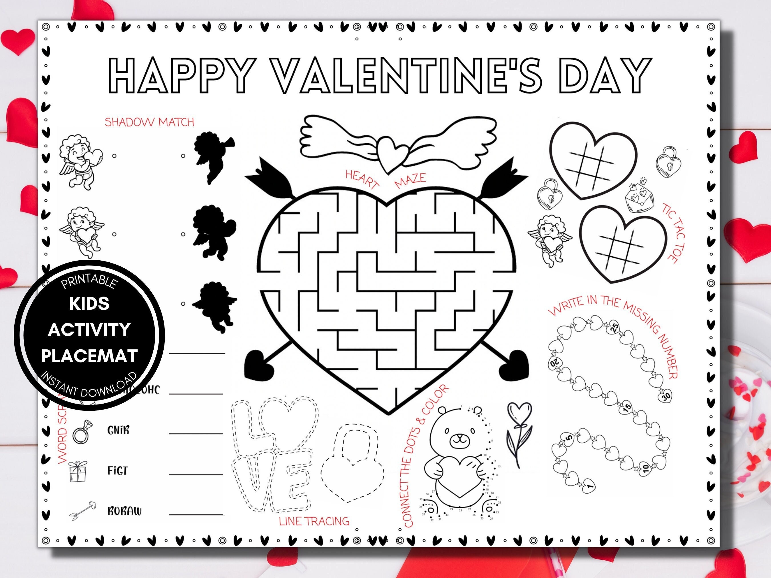 Valentine's Day Activity Placemat for Kids, Valentine's Day Activity ...