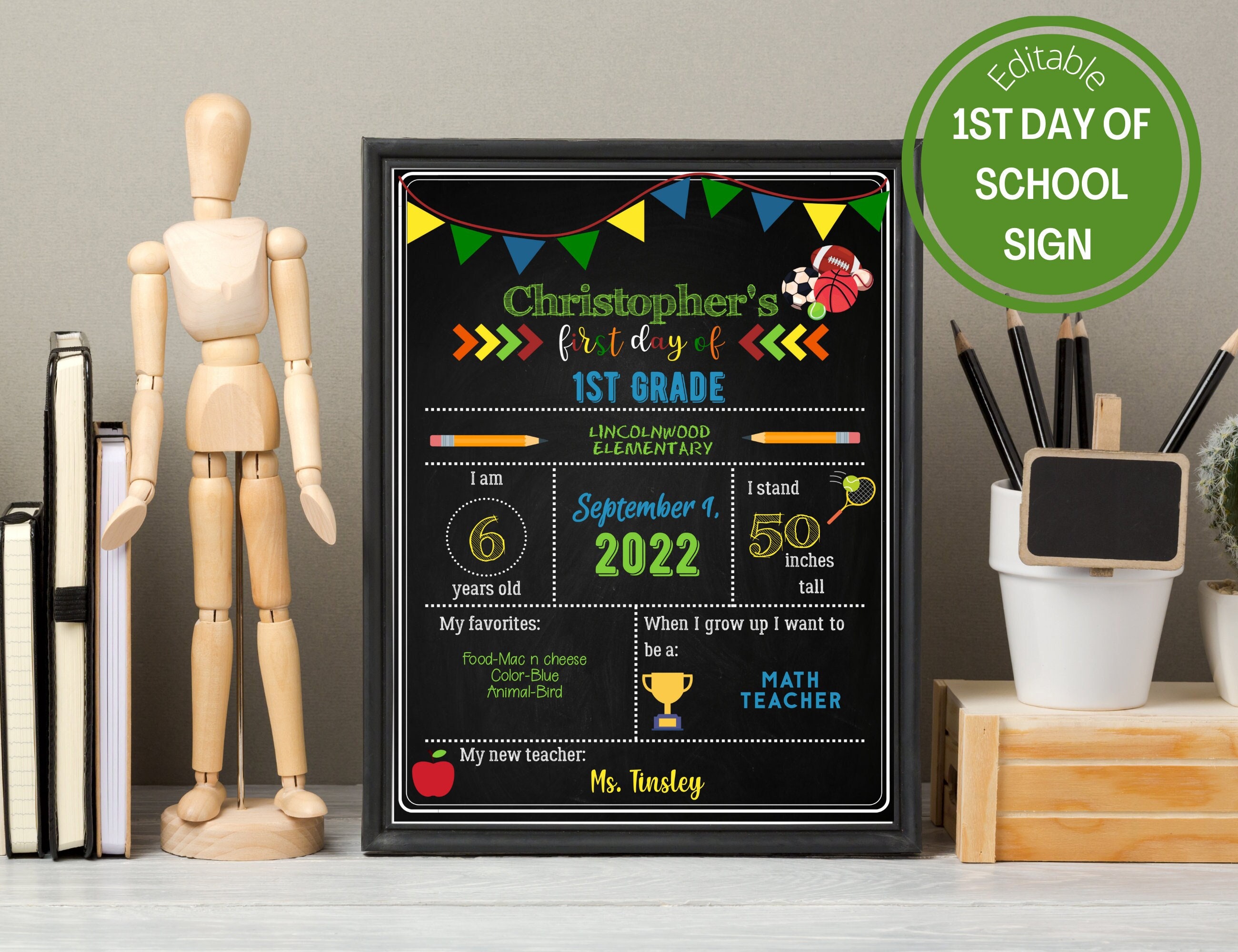 Sports Themed First Day of School Sign, Back to School Sign, Chalkboard ...