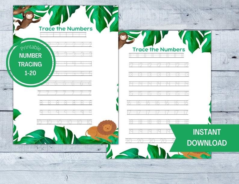 Safari Animal Number Tracing 1-20 Worksheet Tracing - Etsy