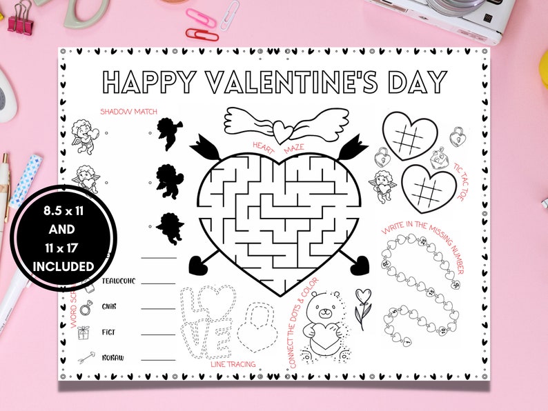 Valentine's Day Activity Placemat for Kids, Valentine's Day Activity ...