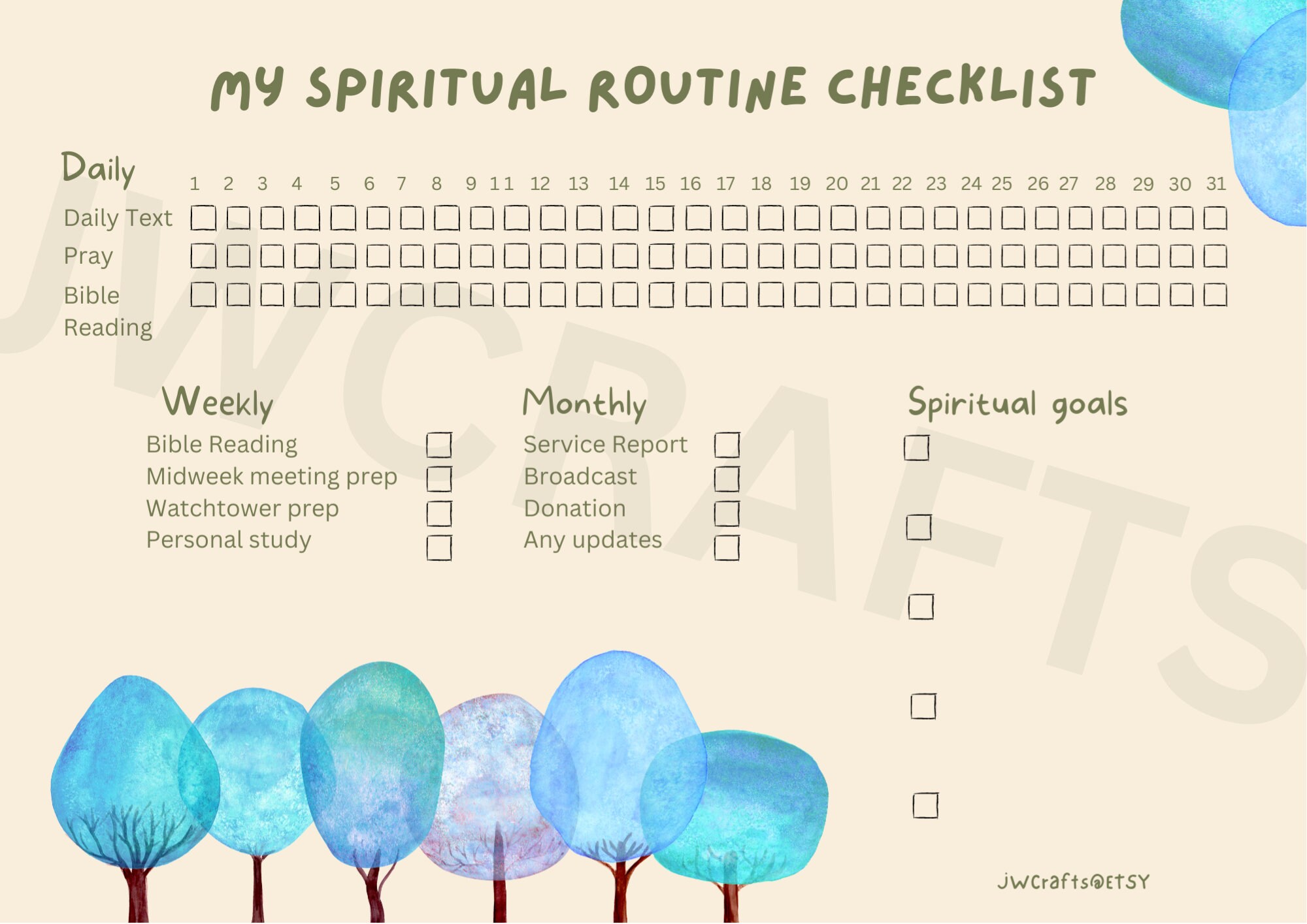 JW Spiritual Routine Monthly Checklist Digital Download - Etsy