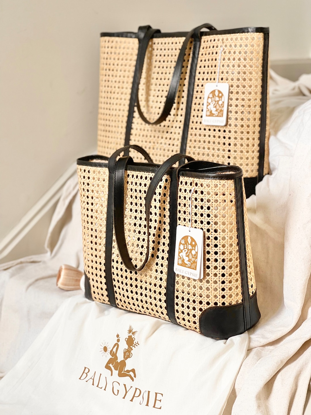 Handcrafted Large Woven RATTAN Tote SHOPPER BAG - Genuine Leather ...