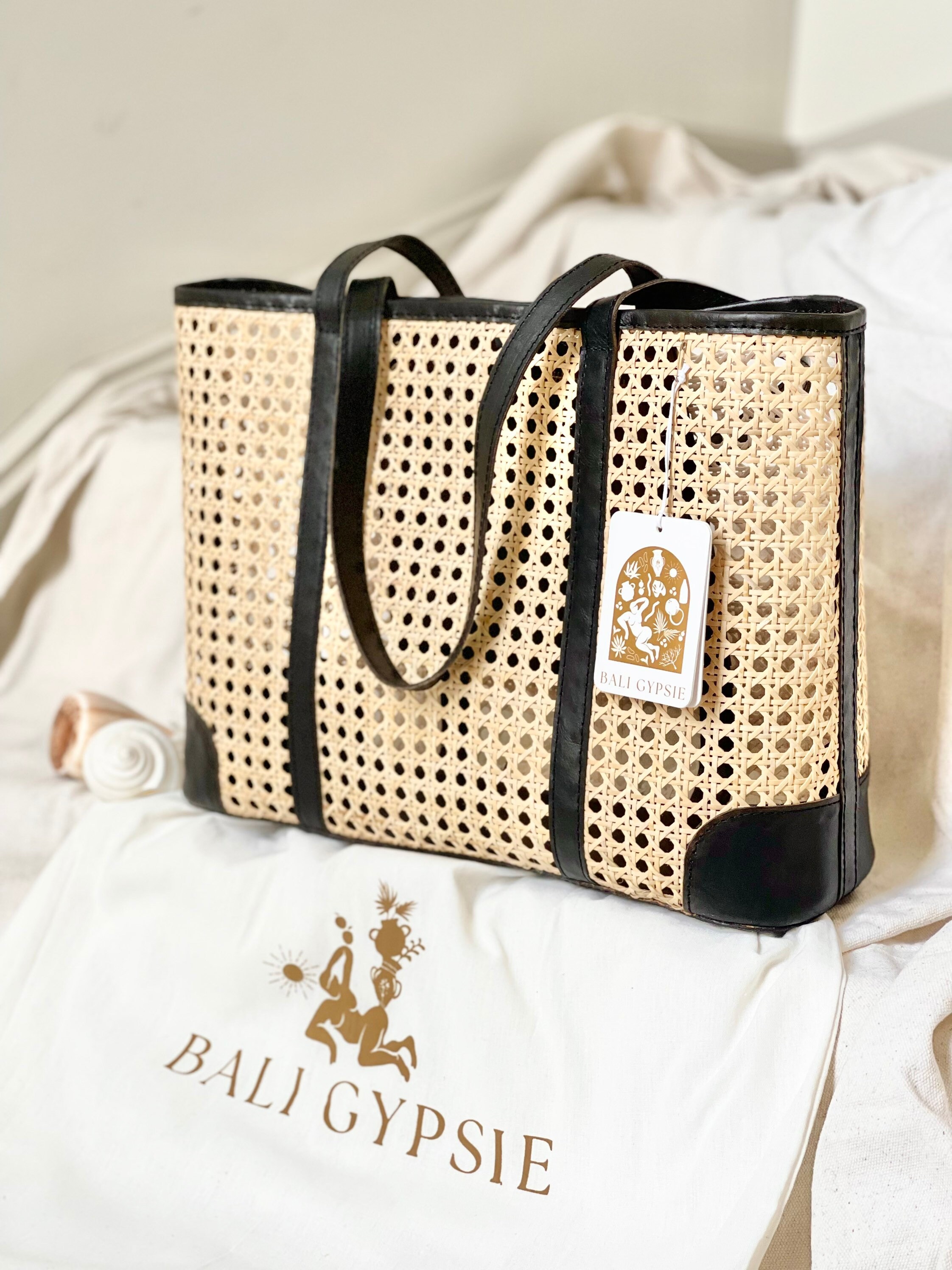 Handcrafted Large Woven RATTAN Tote SHOPPER BAG - Genuine Leather ...