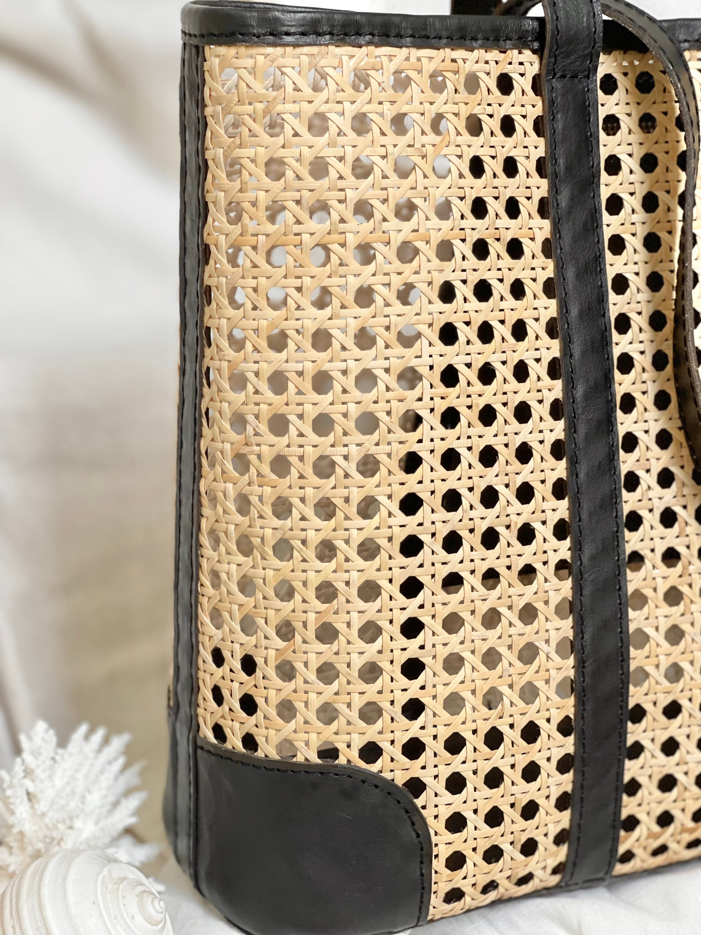 Handcrafted Large Woven RATTAN Tote SHOPPER BAG - Genuine Leather ...