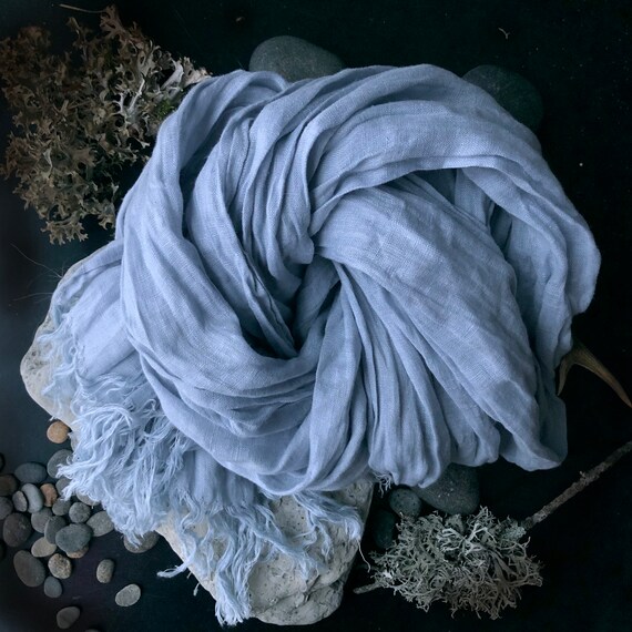 Long Ice Blue Color Scarf 100% Natural Linen Washed Gauzy - Etsy