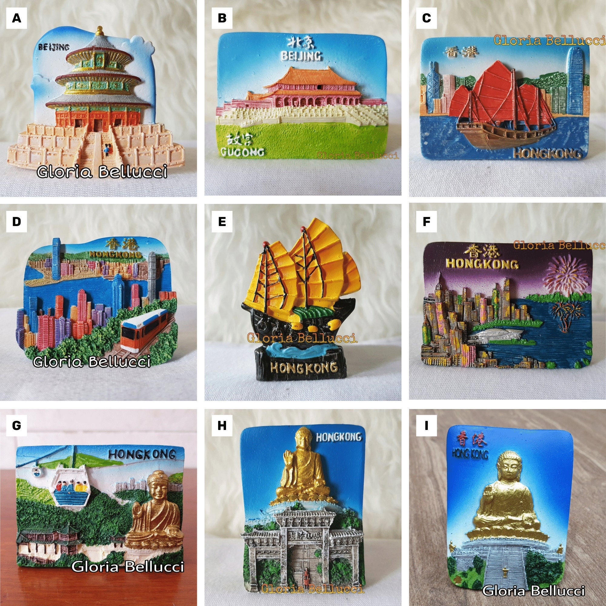 Fridge Magnet China, Hong Kong, Beijing Landmark Icon Junk Boat, Buddha ...