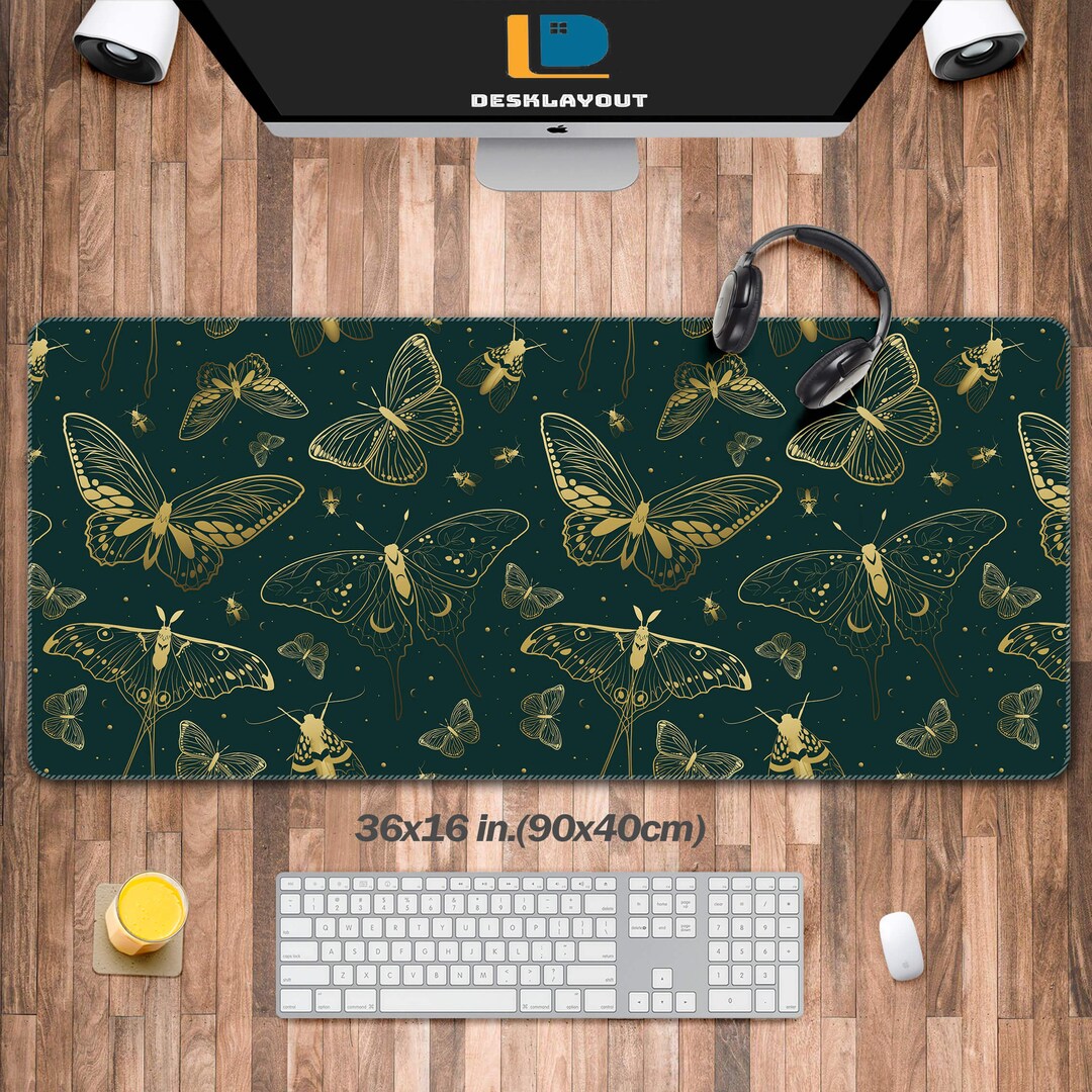 Gold Moon Moth Desk Mat, Golden Butterfly Cute Office Decor & Extended ...