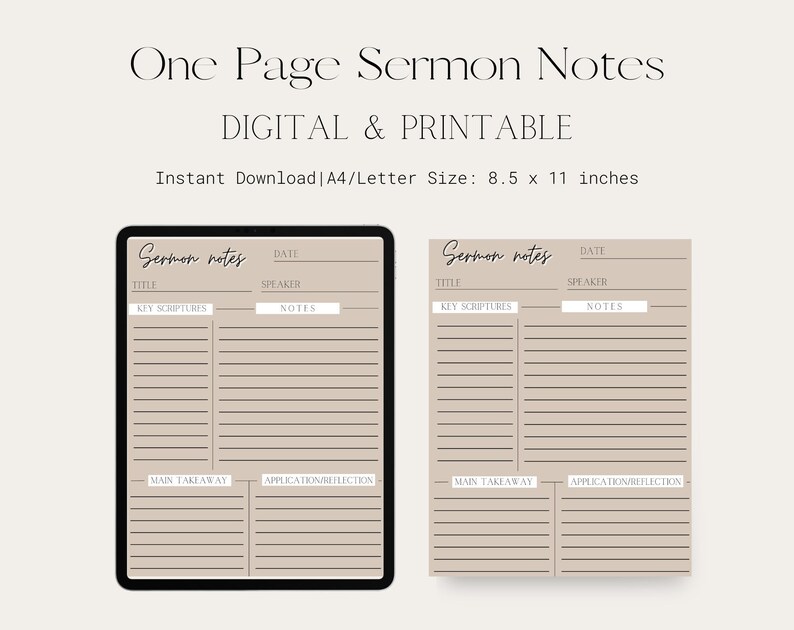 Digital/printable One Page Sermon Notes, Minimalist Sermon Notes, Notes ...