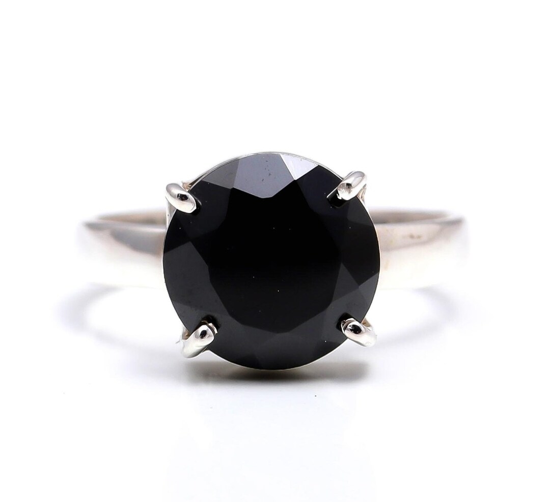 Natural Black Spinel Round Shape Ring, 925 Sterling Silver Engagement ...