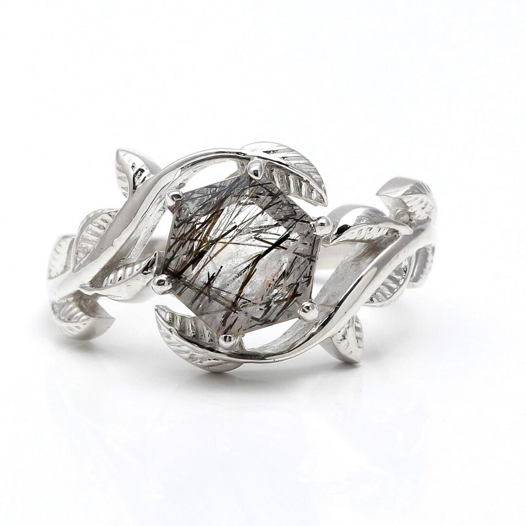 Natural Black Rutile Hexagon Cut Silver Ring, Solid Silver Ring ...