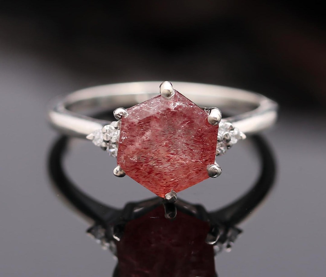 Natural Strawberry Quartz Ring, Hexagon Gemstone Ring, 925 Sterling ...