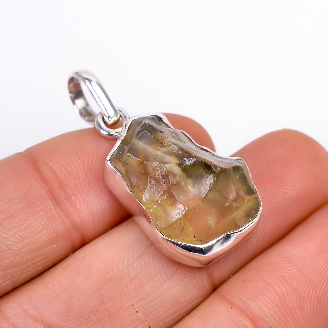 Natural Libyan Desert Glass Rough Pendant, 925 Sterling Silver Ethnic ...