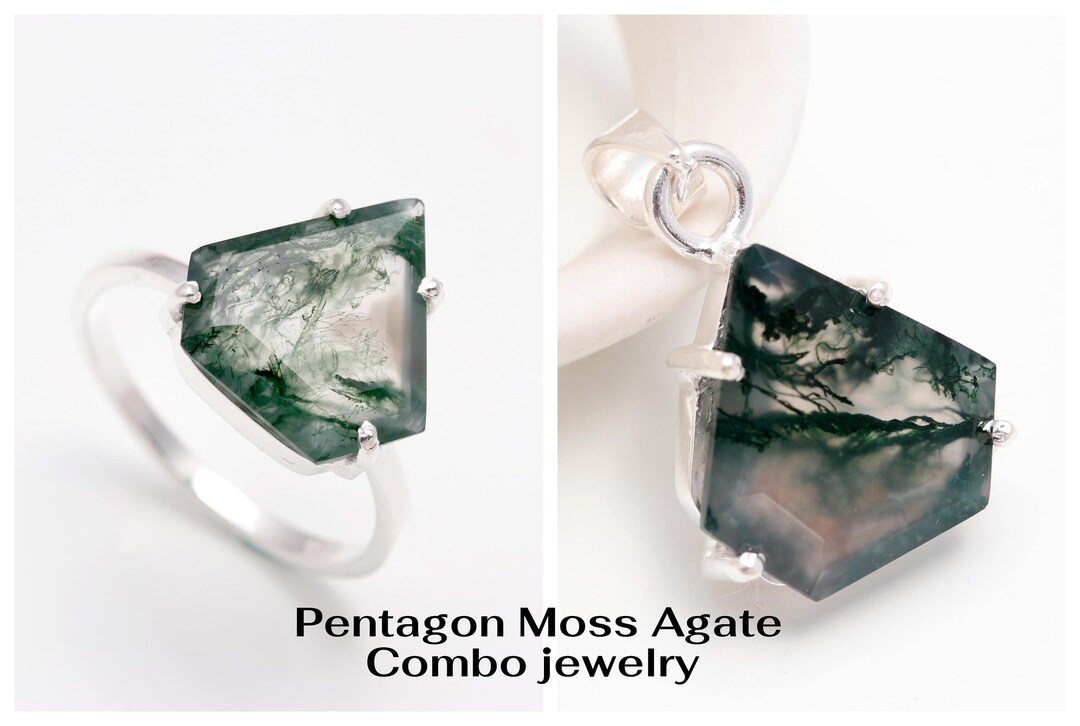 Natural Moss Agate Pentagon Shape Pendant & Ring Jewelry Combo, 925 ...