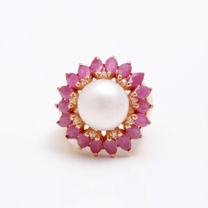 Natural Ruby and Pearl Engagement Ring, Gold Plated 925 Sterling Silver ...