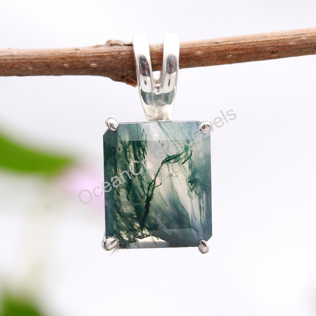 Moss Agate Octagon Silver Pendant Solid 925 Sterling Silver - Etsy