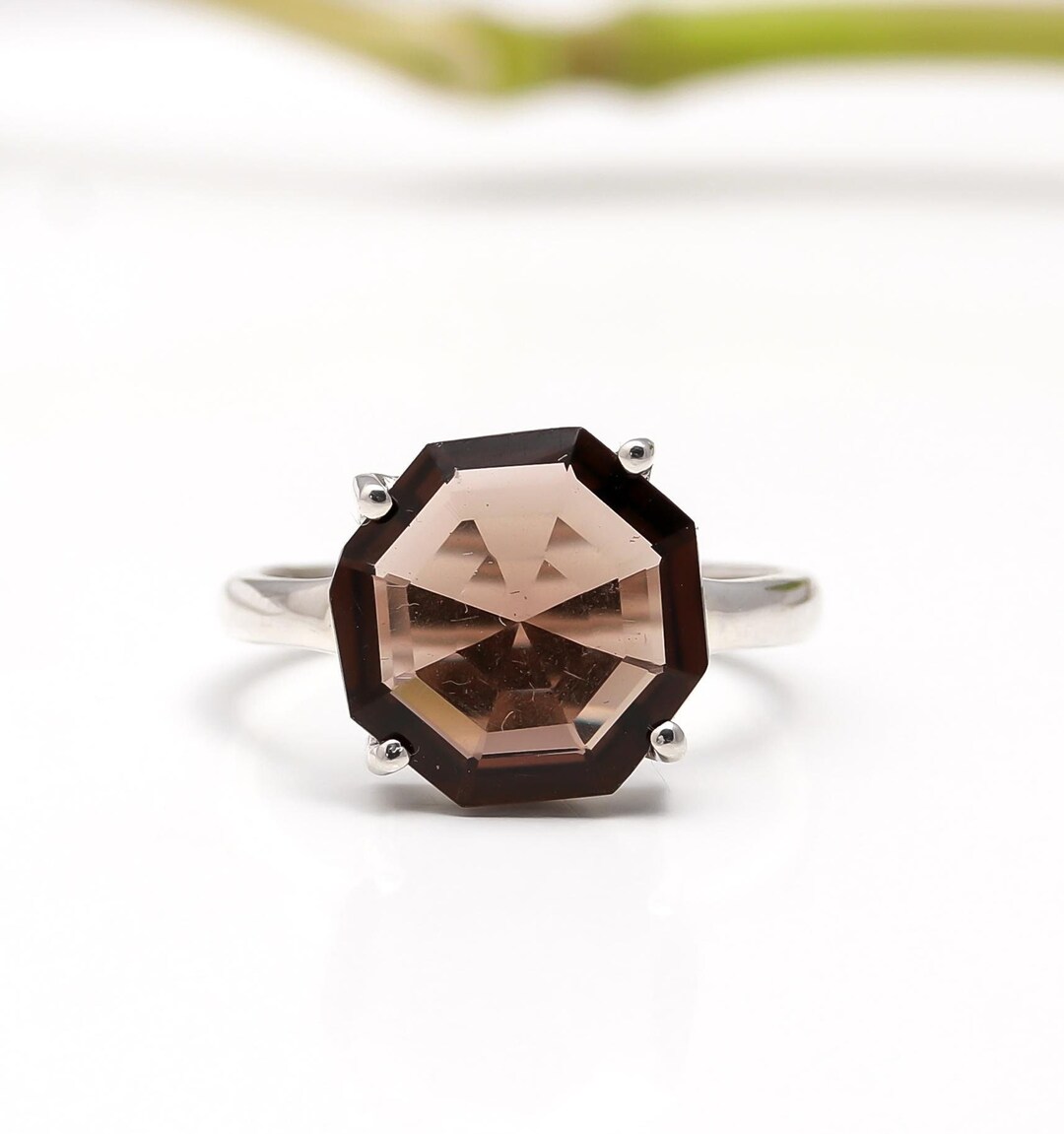 Natural Smoky Quartz Octagon Shape Ring, 925 Sterling Silver Delicate ...
