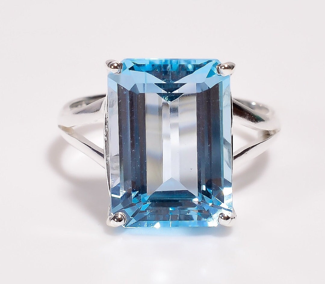 Natural Blue Topaz Emerald Octagon Shape Ring, 925 Sterling Silver ...