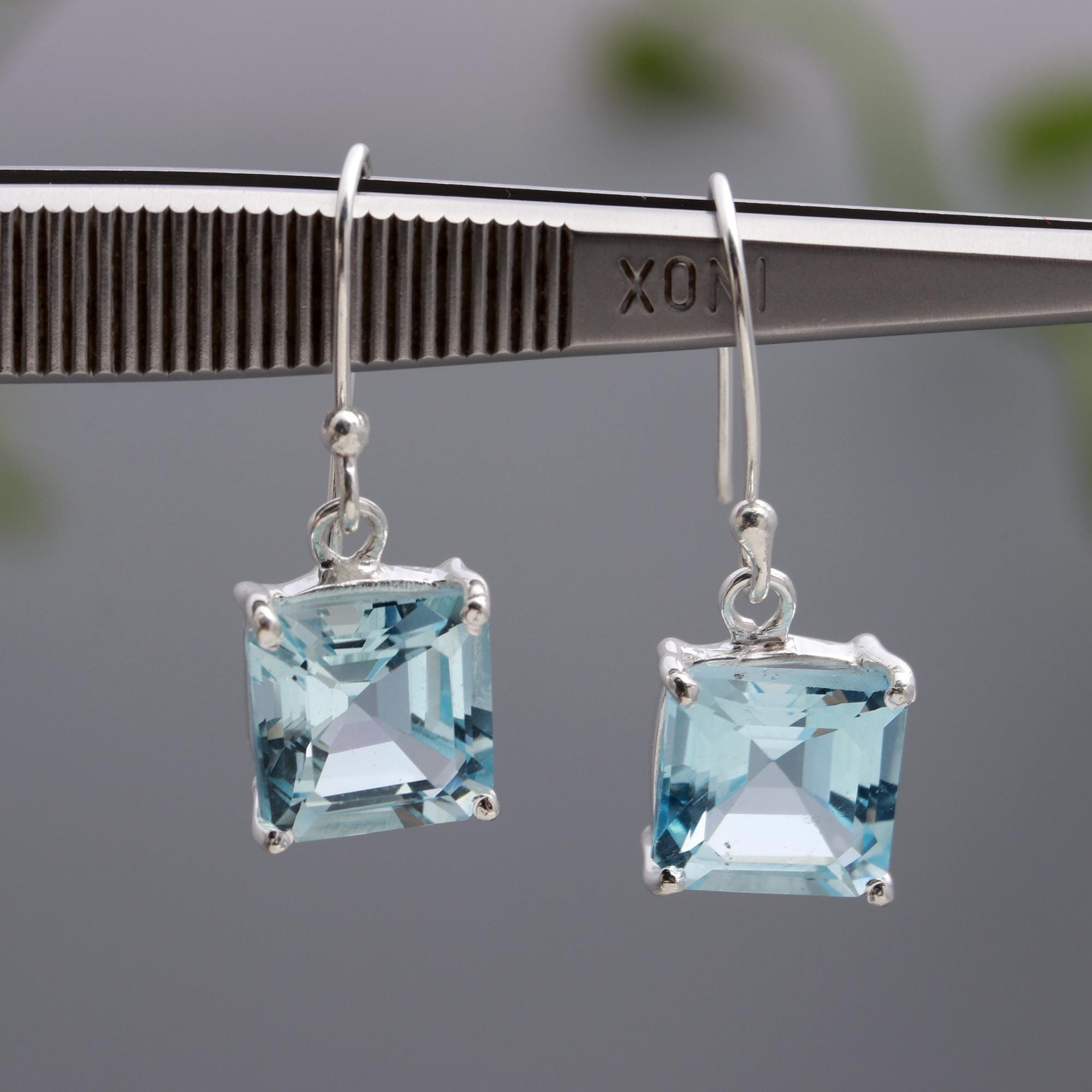 Natural Sky Blue Topaz Octagon Dangle Earrings, 925 Sterling Silver ...