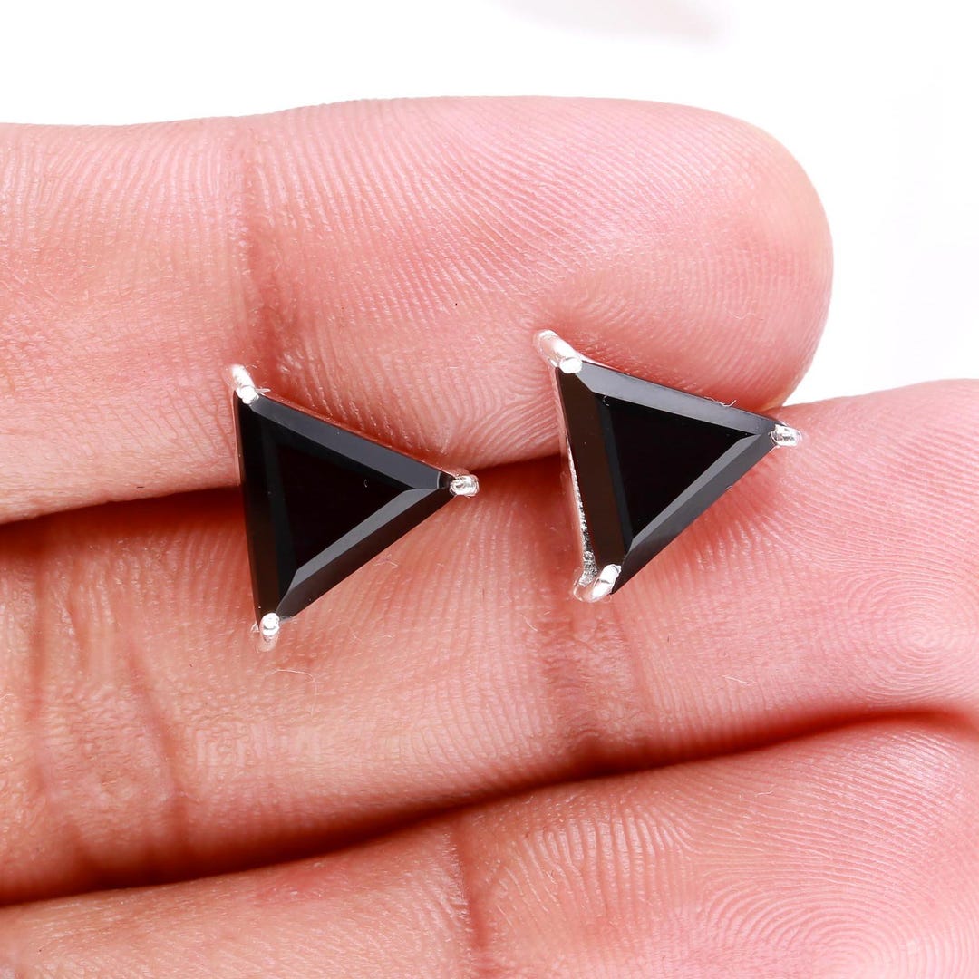Natural Black Onyx Triangle Stud Earrings, 925 Sterling Silver Handmade ...