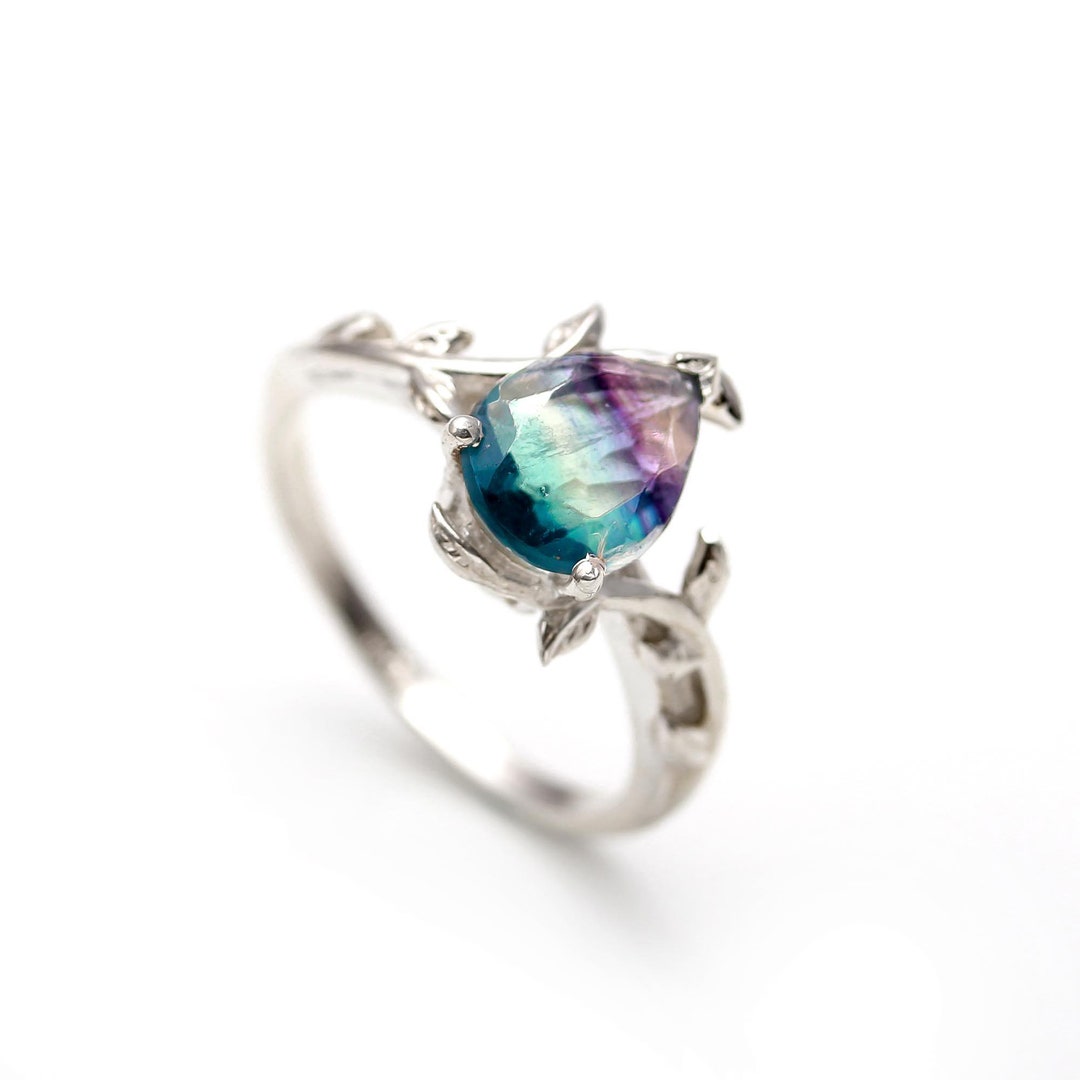 Natural Rainbow Fluorite Pear Ring, 925 Sterling Silver Engagement ...