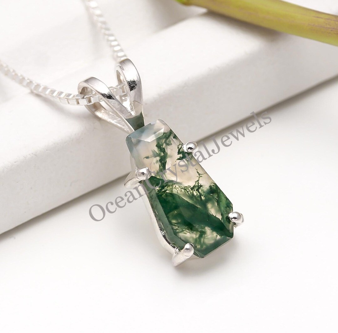 Moss Agate Coffin Cut Silver Chain Pendant 925 Sterling - Etsy