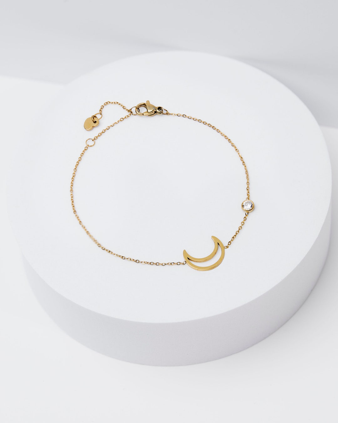 Moon Bracelet With Cubic Zirconia, Sideways Moon Bracelet, Gold Moon ...