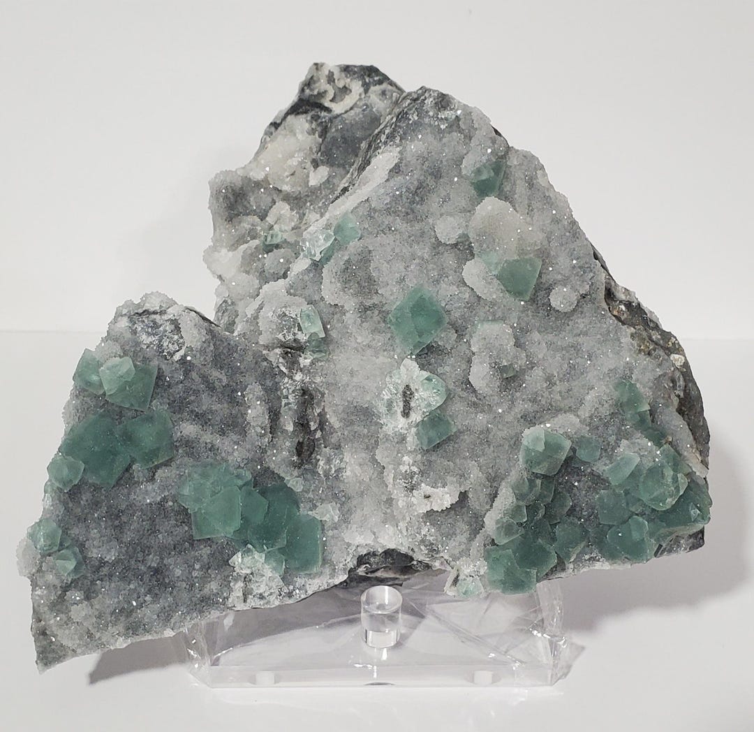 Green Octahedral Fluorite on Sparkling Chalcedony Raw Mineral Specimen ...