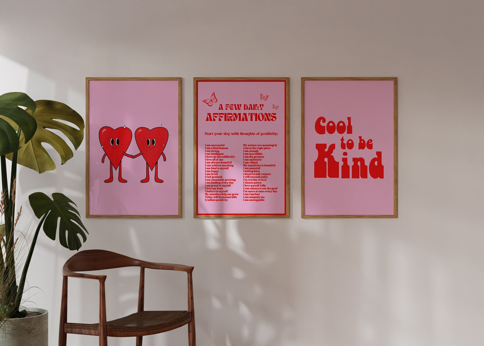 Wall Print Trendy Pink and Red, Set of 3 Wall Art, Daily Affirmations ...