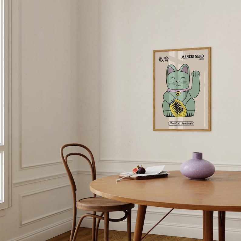 Japanese Lucky Cat Sage Green Wall Art, Gift for Cat Lover, Chinese ...